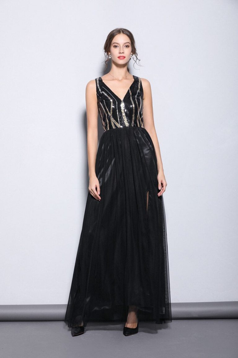 Women’s Sexy Low V Neck Sleeveless Sequined Bodice Split Patchwork Party Prom Long Runway ...