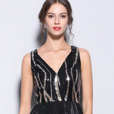 Women’s Sexy Low V Neck Sleeveless Sequined Bodice Split Patchwork Party Prom Long Runway ...