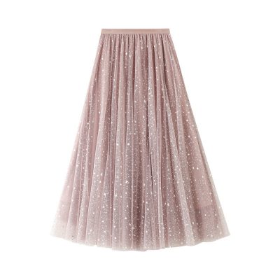 Women’s Mid Length Sequin Star Mesh Gauze Skirt – Takalr