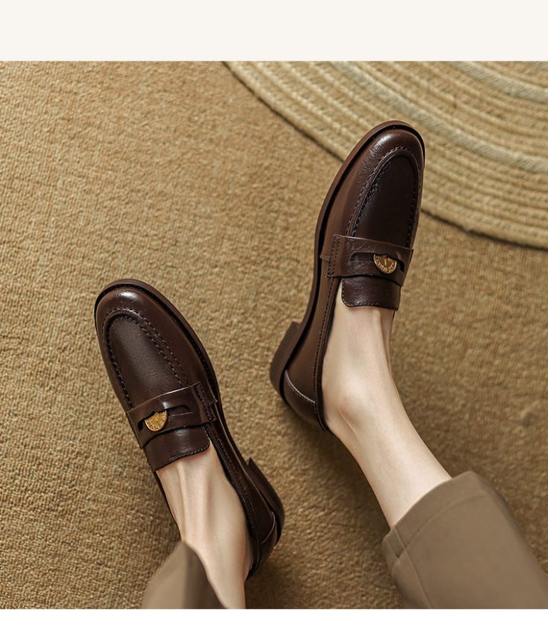 Women’s Round Toe Leather Loafers Low Heel Leather Shoes – Takalr
