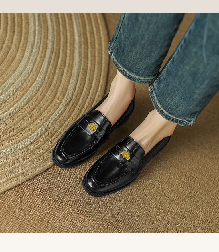 Women’s Round Toe Leather Loafers Low Heel Leather Shoes – Takalr