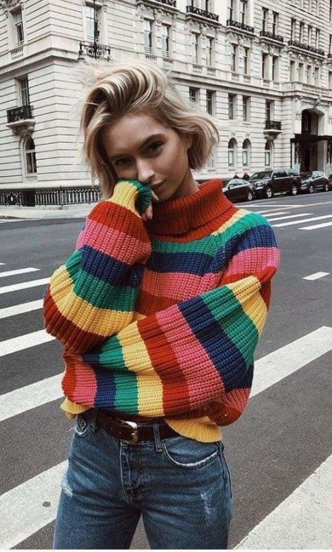 Rainbow Turtleneck Sweaters Women Fashion Striped Oversized Pullover – Takalr